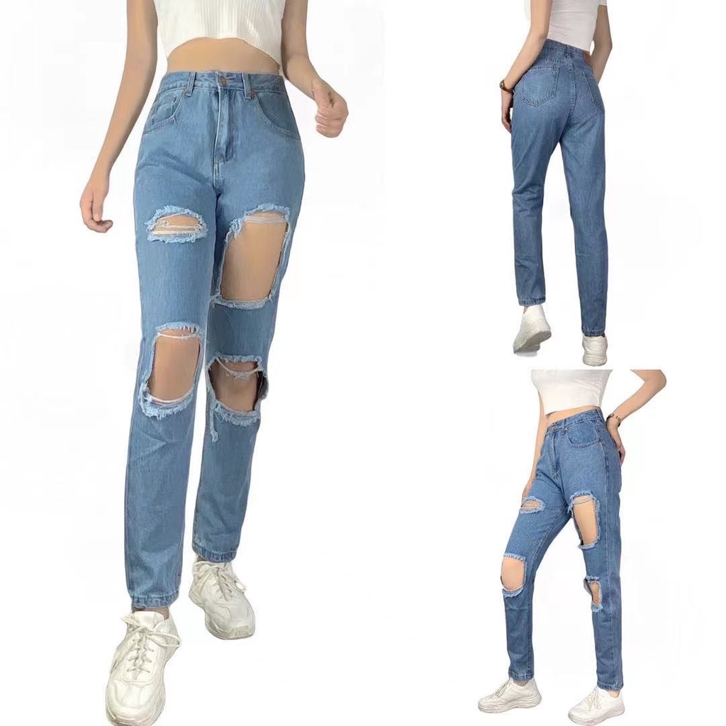 Distressed Mom Jeans Light Blue High Waist Tattered Ripped Jeans ...