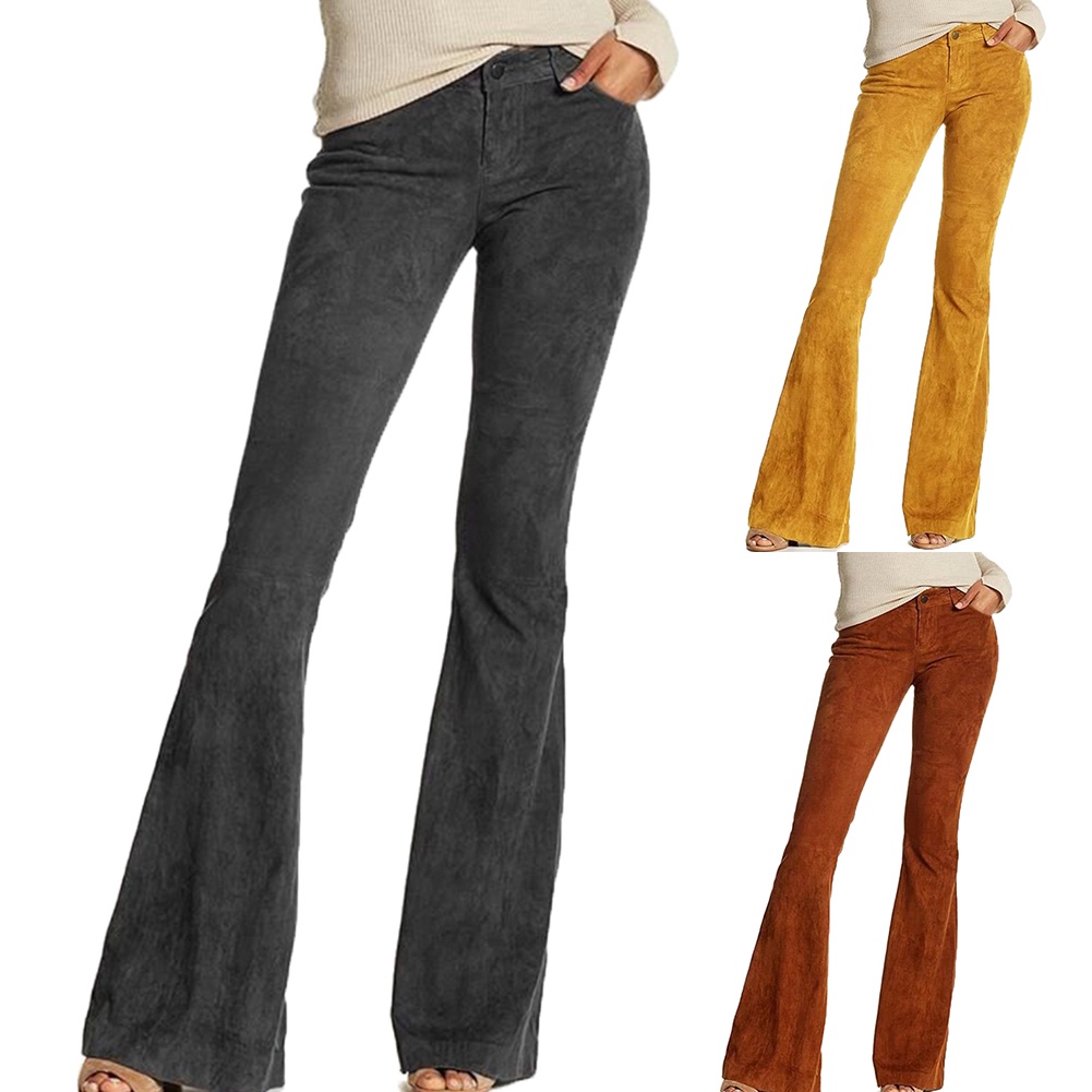 SA-Women Retro Casual High Waist Solid Color Wide Leg Pants Bell-Bottom ...