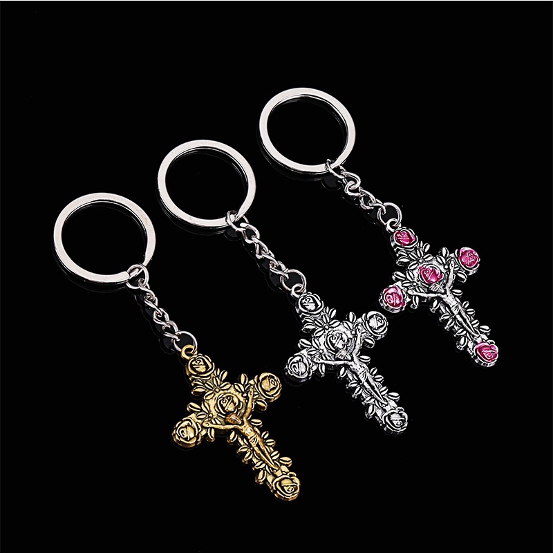 1 pieces / Jesus cross key ring cross pink rose key ring Catholic ...