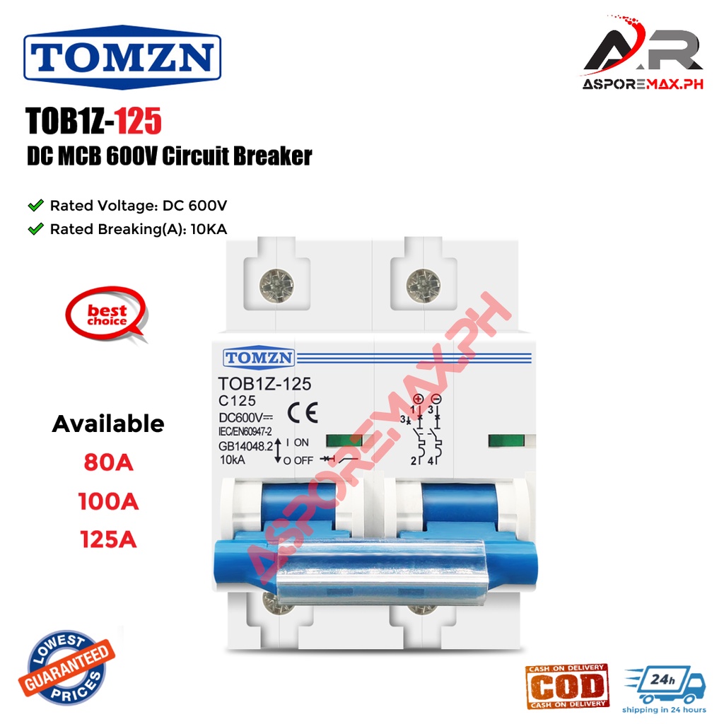 TOMZN 2P DC 80A / 100A / 125A MCB 10KA 600V Mini Circuit Breaker TOB1Z ...
