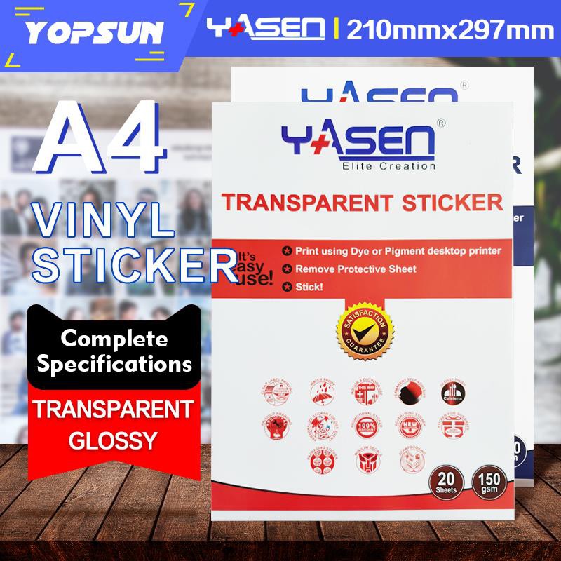 Waterproof Glossy / Transparent A4 Vinyl Sticker 150GSM 20sheets Yasen ...