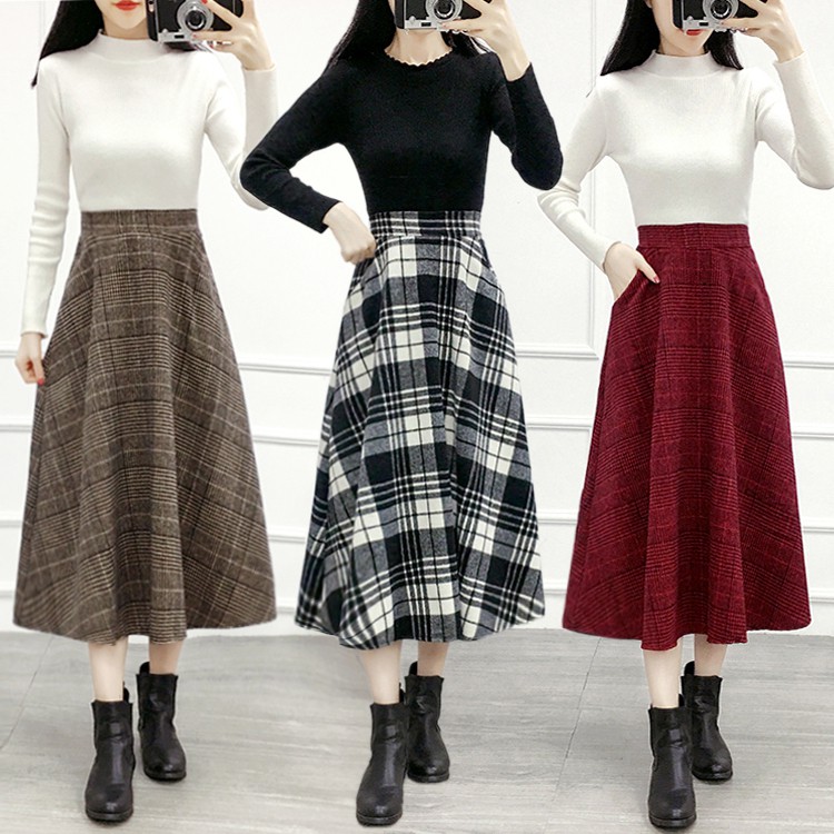 Winter skirt female mid-length new plaid woolen skirt autumn and winter high waist a-line long ...