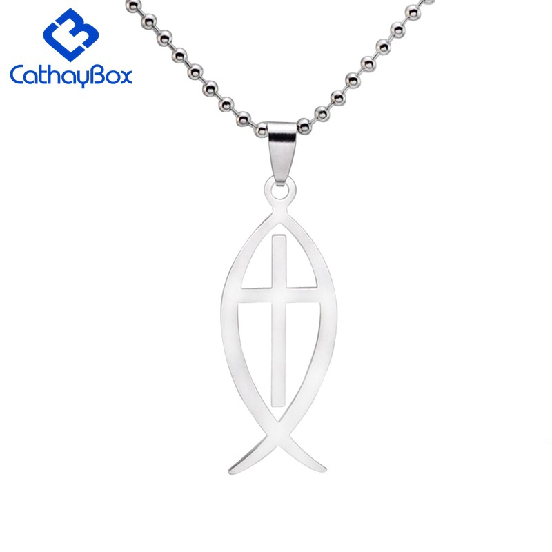 Jesus Fish Cross Pendant Necklace Silver Tone Stainless Steel Religious ...