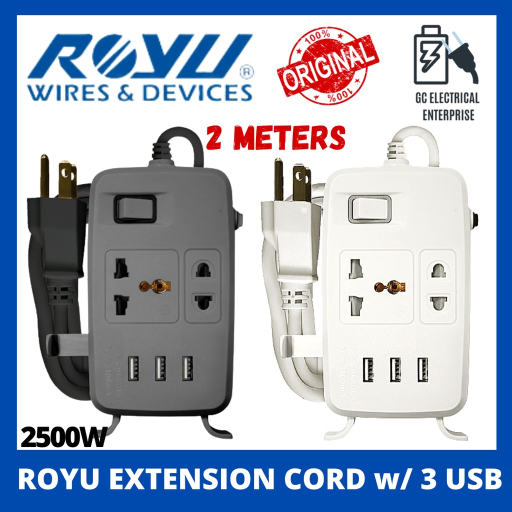 Royu REDEC632 Power Extension Cord 2 Gang with One Main Switch & 3 USB ...