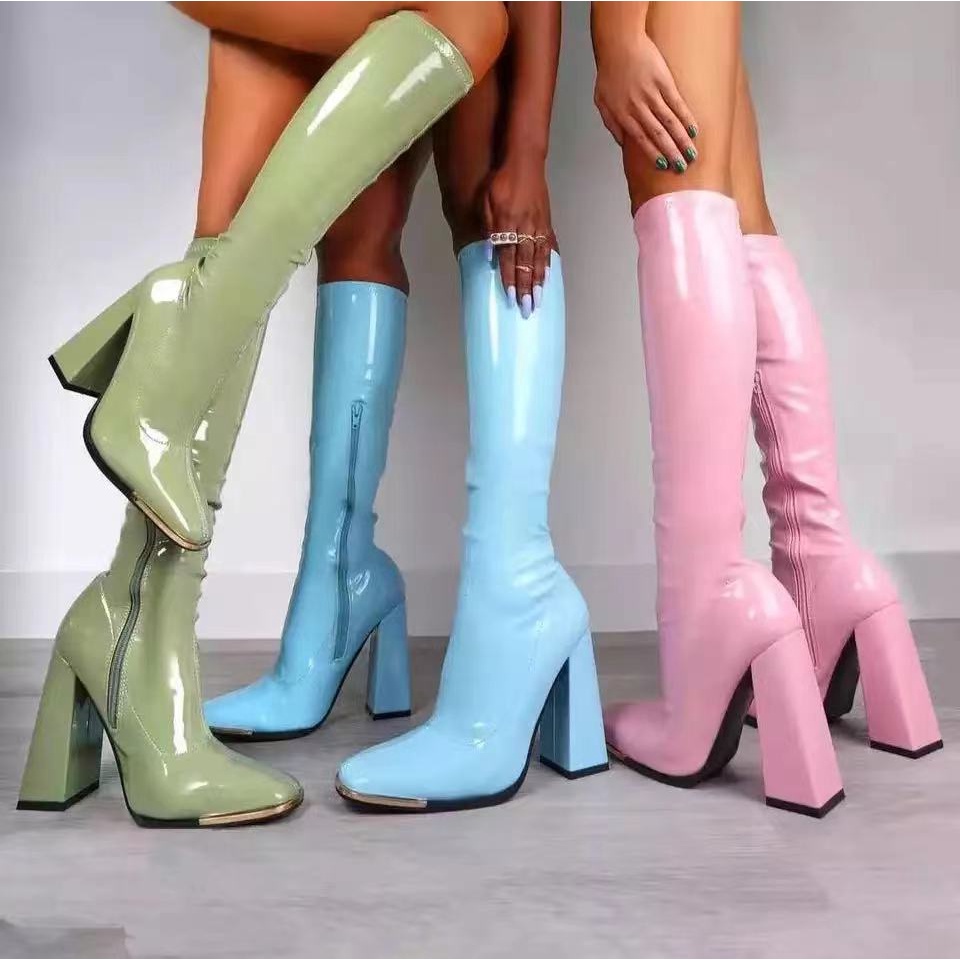 Heel Knee High Boots Classic Square Toe PU Leather Zipper Women Party ...