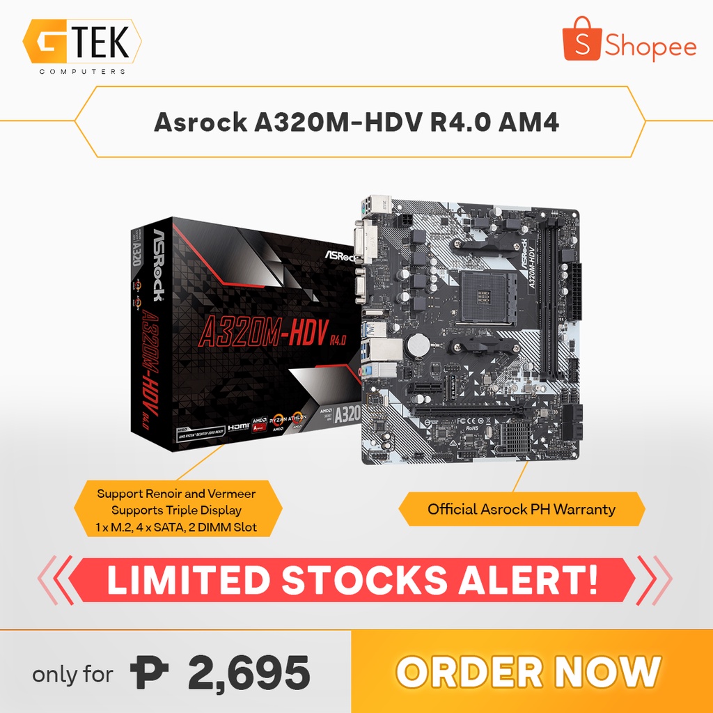 Asrock A320M-HDV R4.0 A320 Ryzen AM4 AMD Ryzen mATX Motherboard ...