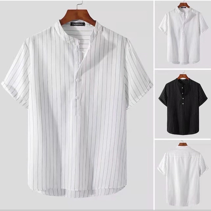 Mens Chinese Collar Polo Striped Cotton Linen Mandarin Colla Short ...