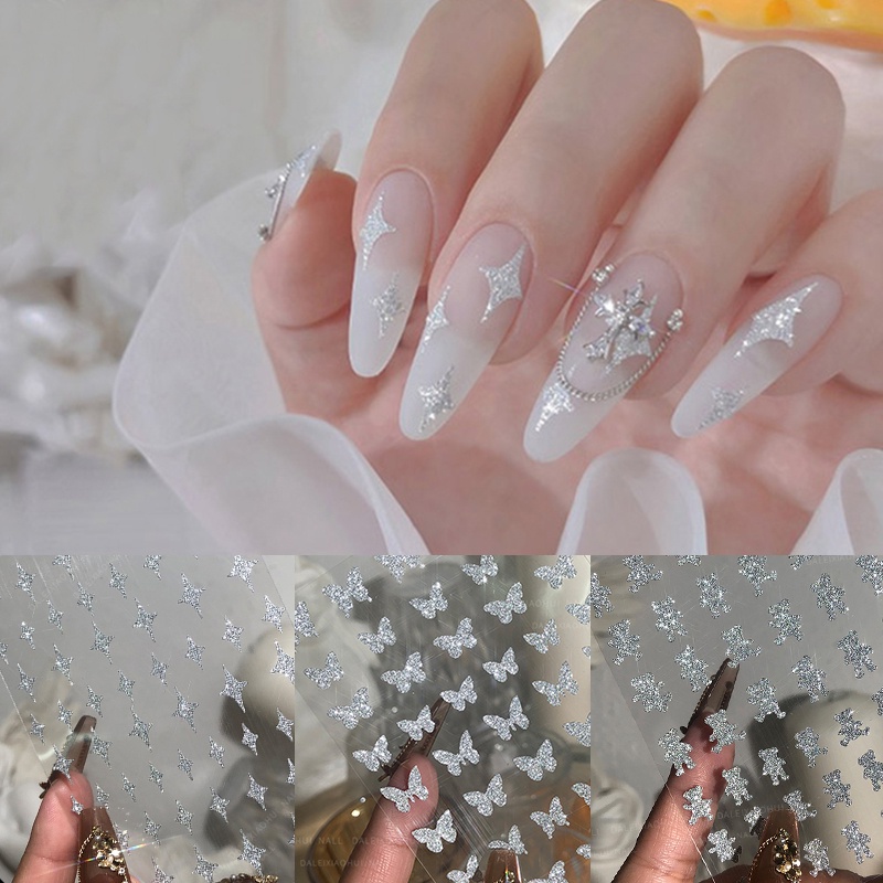 UR SUGAR 3D Nail Stickers Decals Silver Heart Star Butterfly Transfer ...