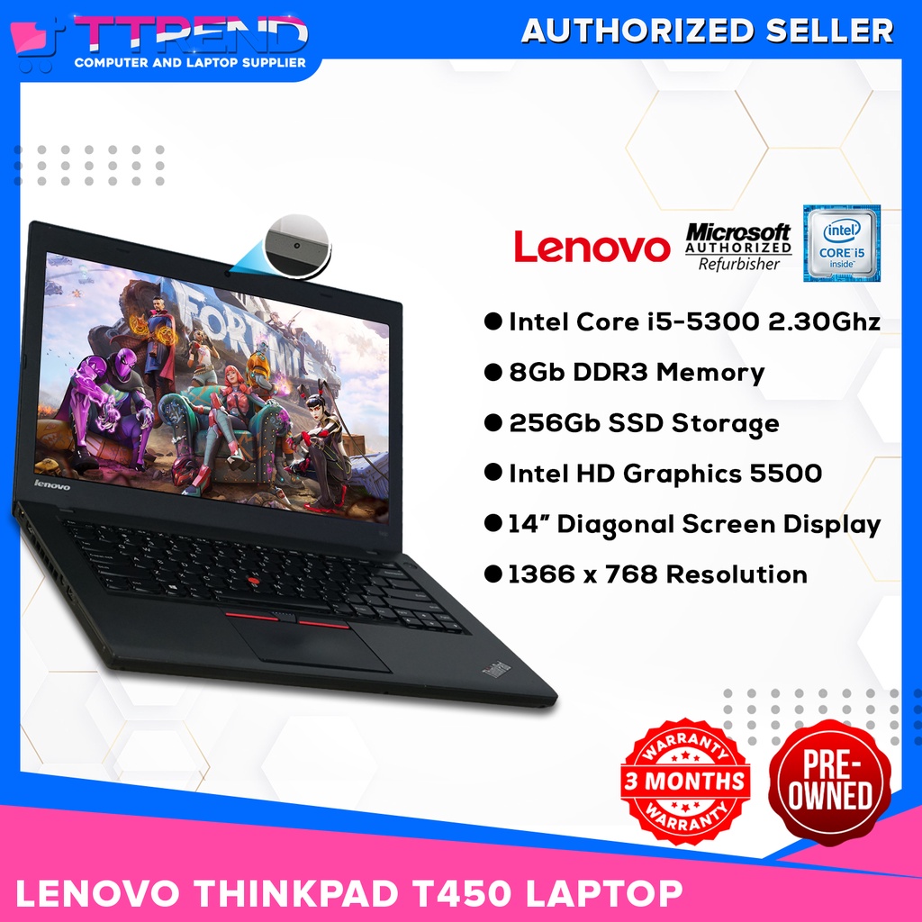 Lenovo Thinkpad T450 Notebook Laptop Intel Core i5 5th Gen 8GB 256GB ...