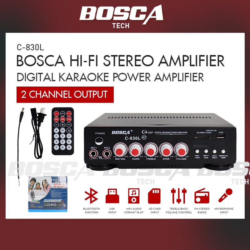 BOSCA Hi-Fi Stereo Amplifier 2 channel output Bluetooth USB SD FM DC12VAC220V C-830L 2 Mic input ...