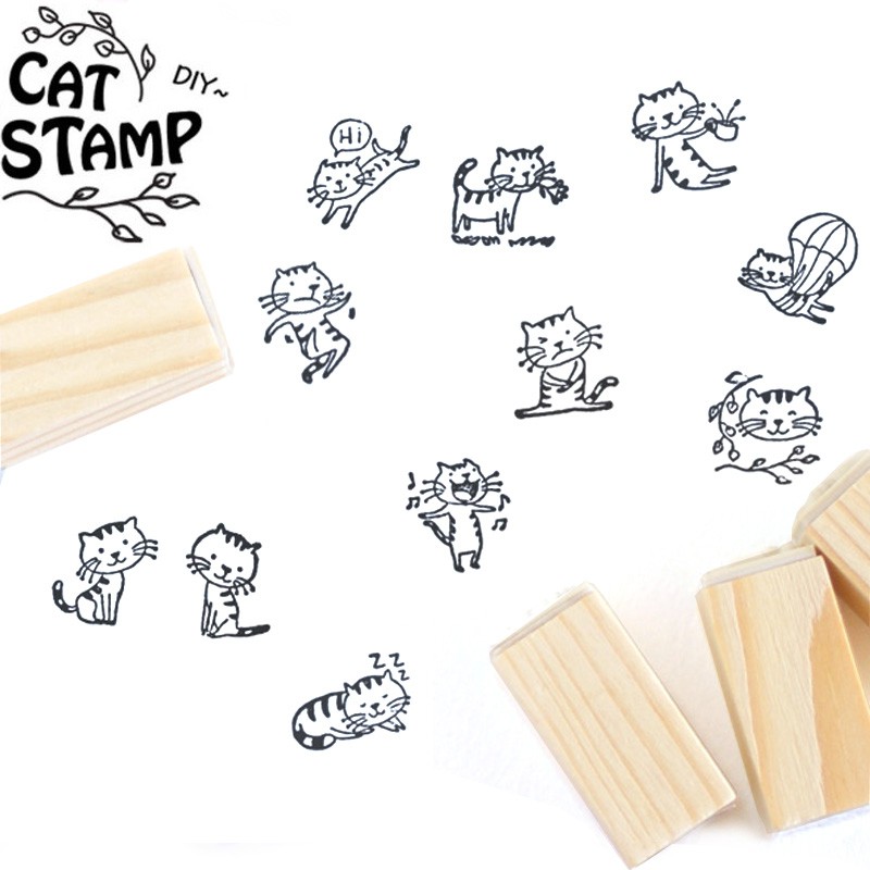 12pcs/set Wood Cute Cartoon Craft Cat Stamp Rubber | Shopee Philippines