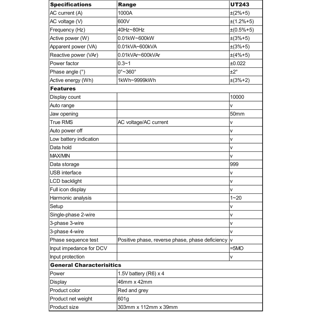 UNI-T Power and Harmonics Clamp Meter UT-243 / Three Phase True RMS ...