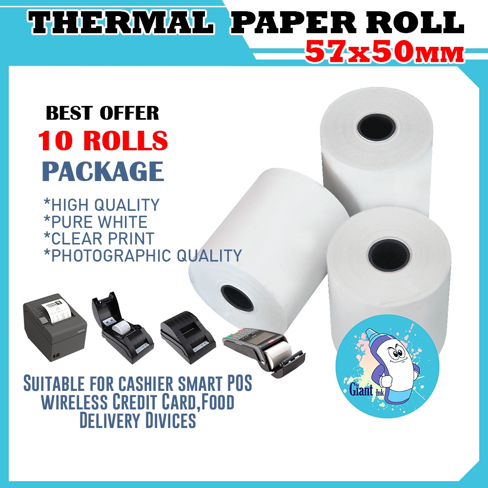 10 roll 57x50mm handheld Receipt Paper Roll for Mobile POS 58mm ...