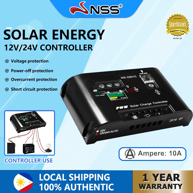 NSS 10A Solar Controller 12V/24V Solar Panel Controller Regulator ...