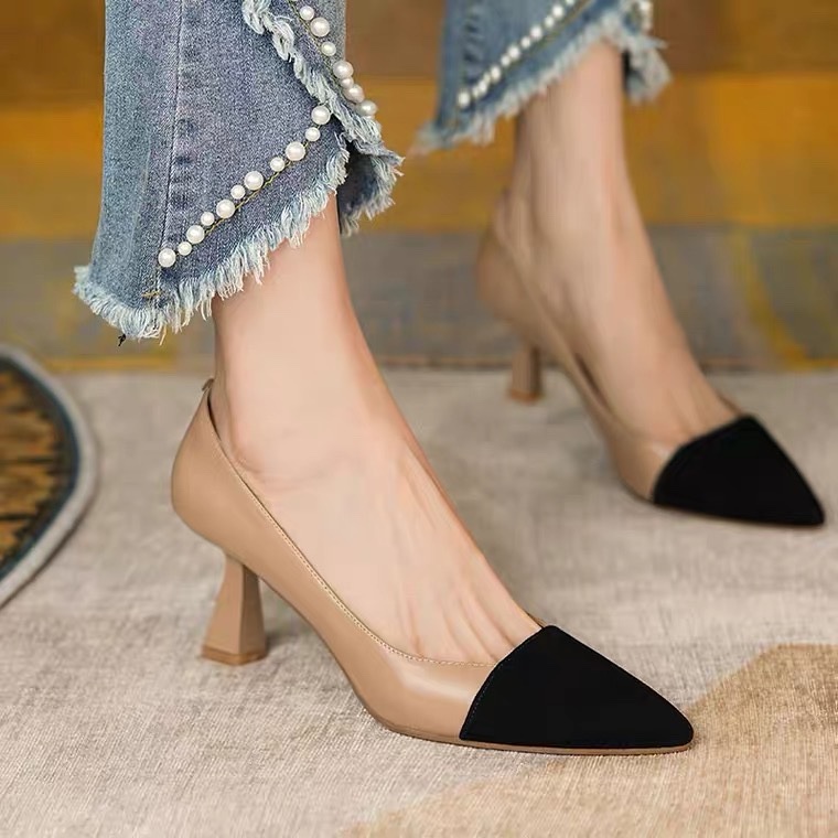 High heels French 2022 fashion vintage patchwork color shallow shoes ...