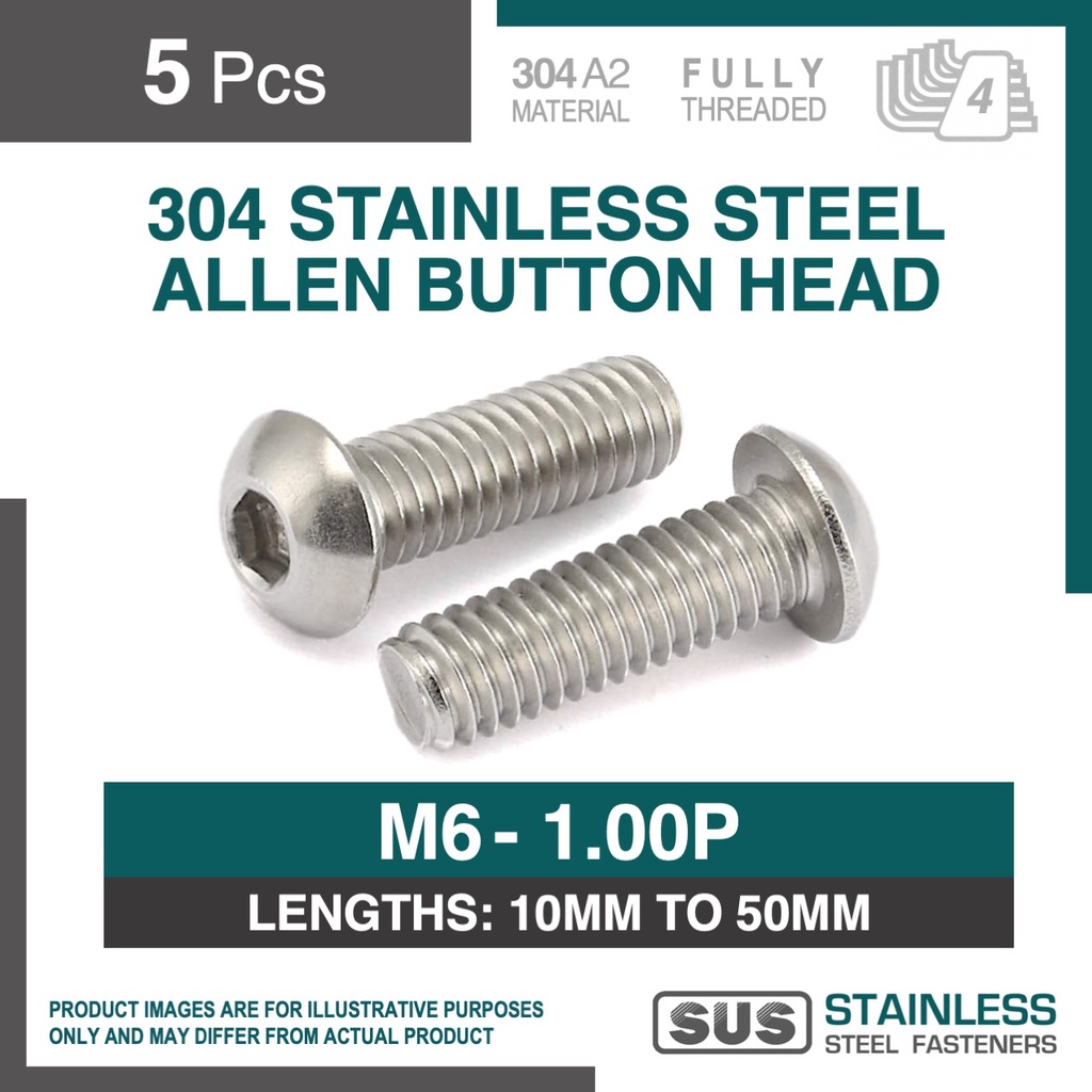 5pc SS304 Stainless Steel Allen Button Head Socket Screw / Allen Round Head M6 ( 6MM - 1.0P ...