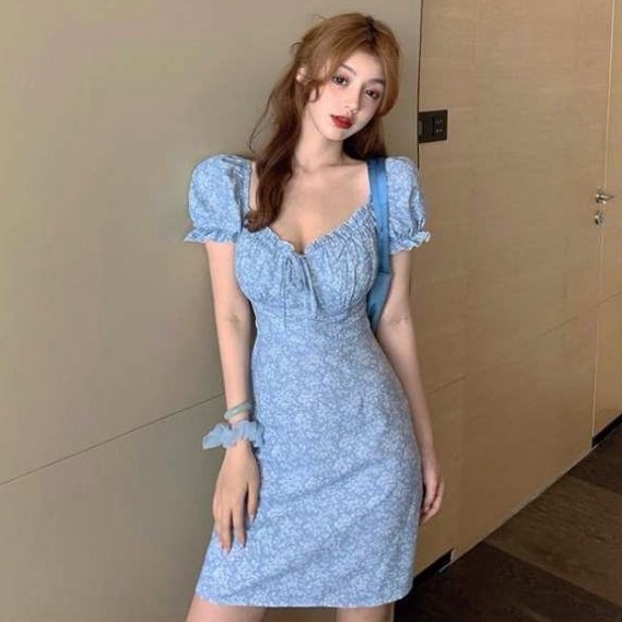 summer dusty blue dress for women wedding Korean beach dress floral ...