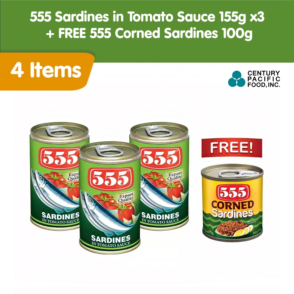 555 Sardines in Tomato Sauce 155g Pack of 3 + 555 Corned Sardines 100g ...