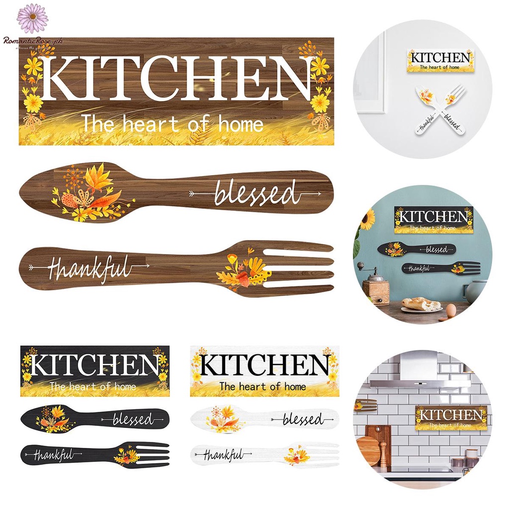3 Pcs Kitchen Hanging Wall Decorations with Flower Wooden Eat Set Fork ...