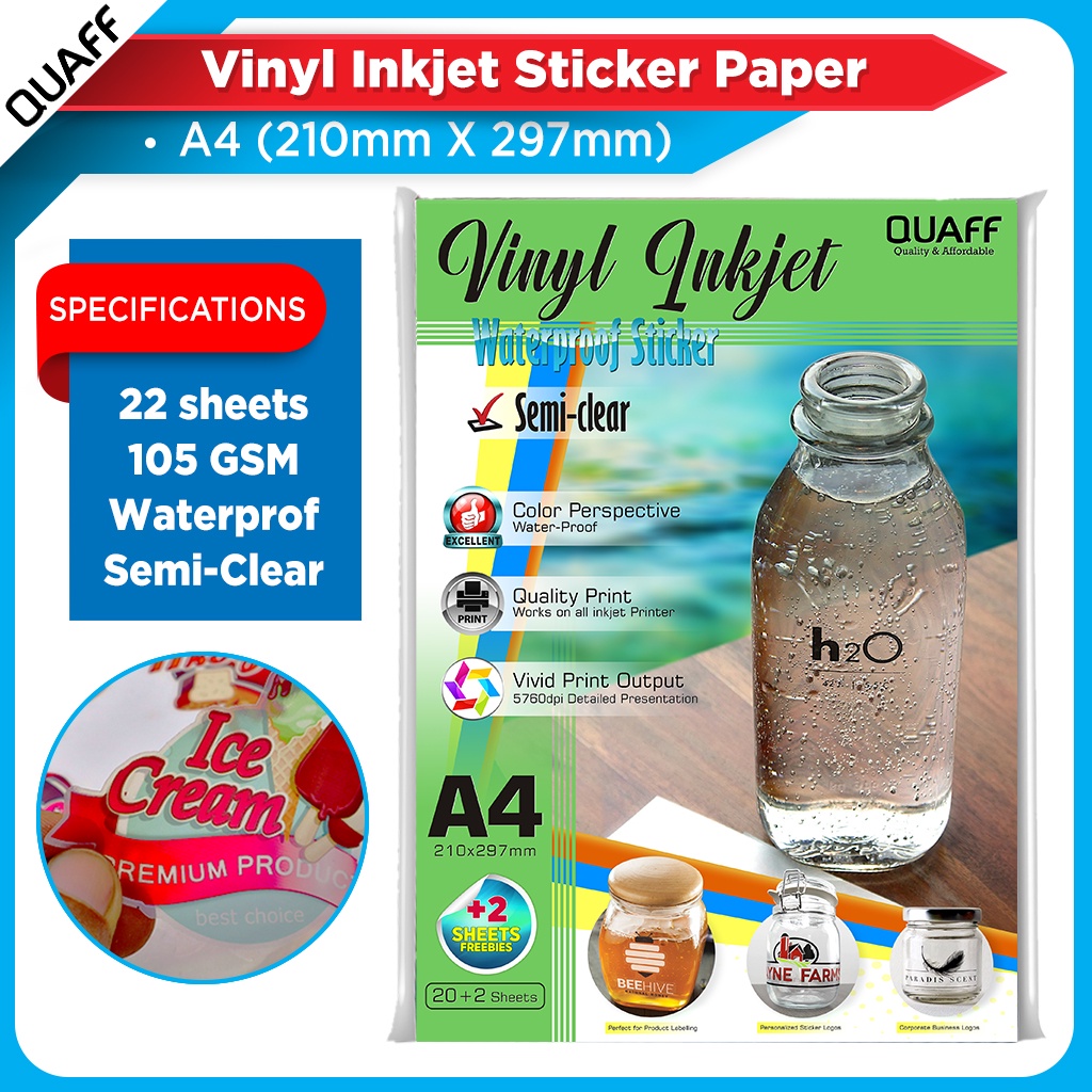 QUAFF Printable Semi-Clear Inkjet Sticker Waterproof A4 Size (20Sheets ...