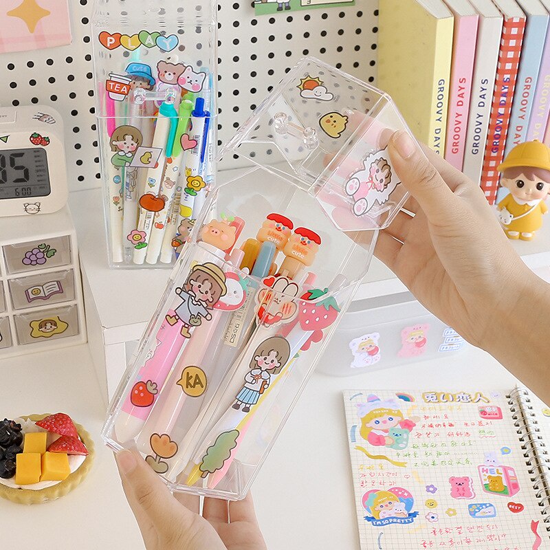Acrylic Pen Holder with Lid Cute Desktop Storage Box Ins Stationery ...