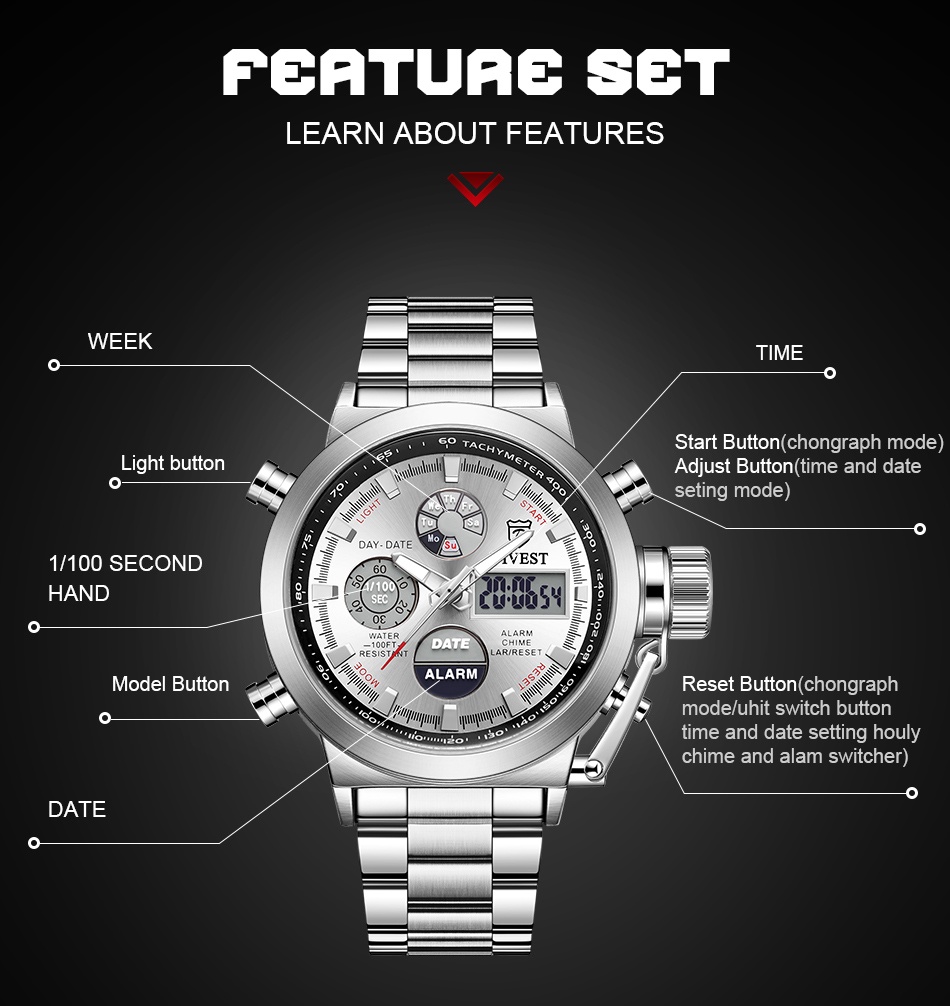 DIVEST Men's Watches Brand Fashion Casual Chrono Quartz LED Digital Original Men Watch Stainless ...