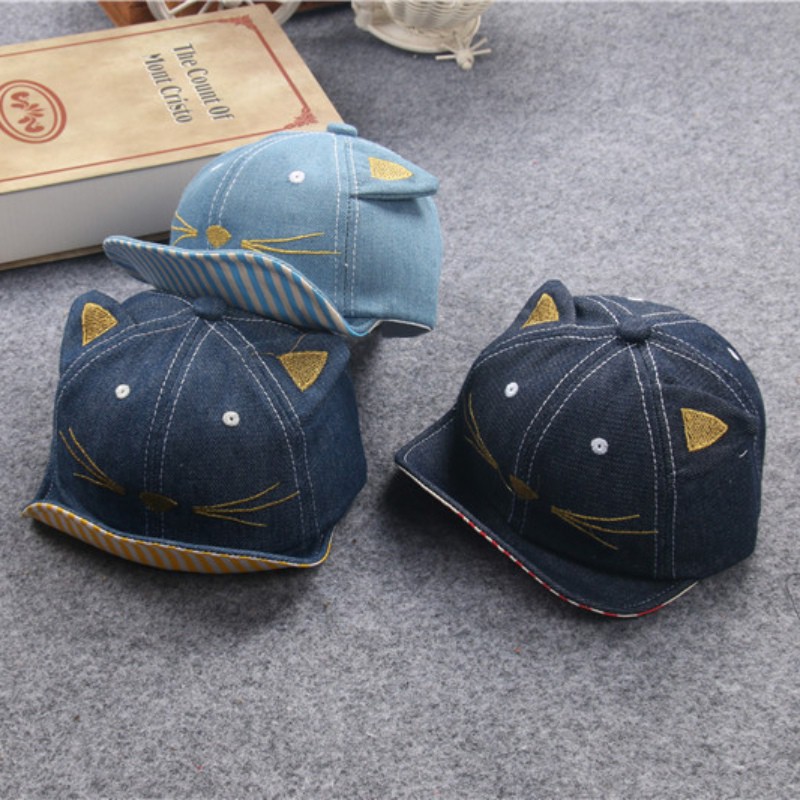 Boy Girl Caps Cartoon Cat Embroidered Striped Baseball Caps Denim ...