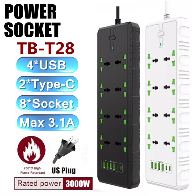 TB-T28 3.1A 3000W Universal Power Socket Extension With 8 AC Sockets, 4 ...
