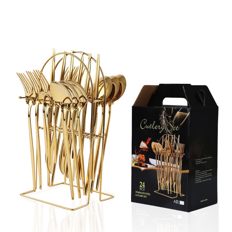cutlery set stainless steel 24pcs dinnerware set golden spoon fork ...