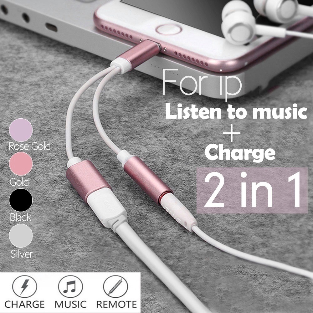 2 In 1 iP Splitter 3.5mm Earphone Audio Jack Charger Adapter Connector ...