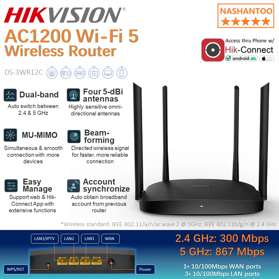 Hikvision DS-3WR12C AC1200 Dual-band 1200Mbps Wi-Fi Wireless MU-MIMO ...