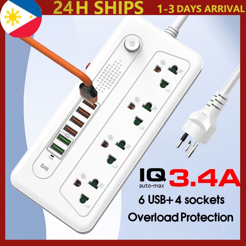2/3m AC Outlet Power Socket 4 Socket 6 USB Charging Port Universal ...