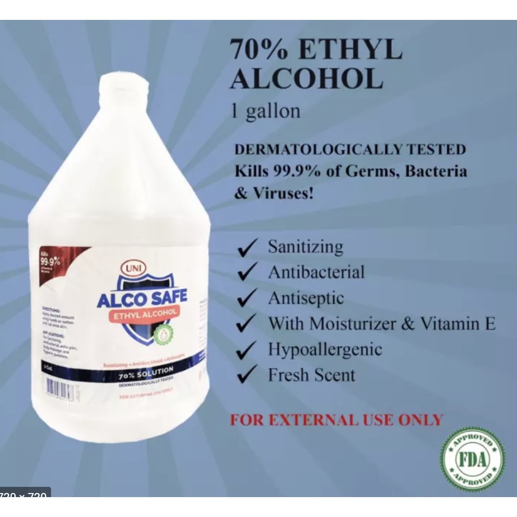 1 Gallon Uni Alcosafe Ethyl Alcohol 70% Solution sanitizing and anti ...