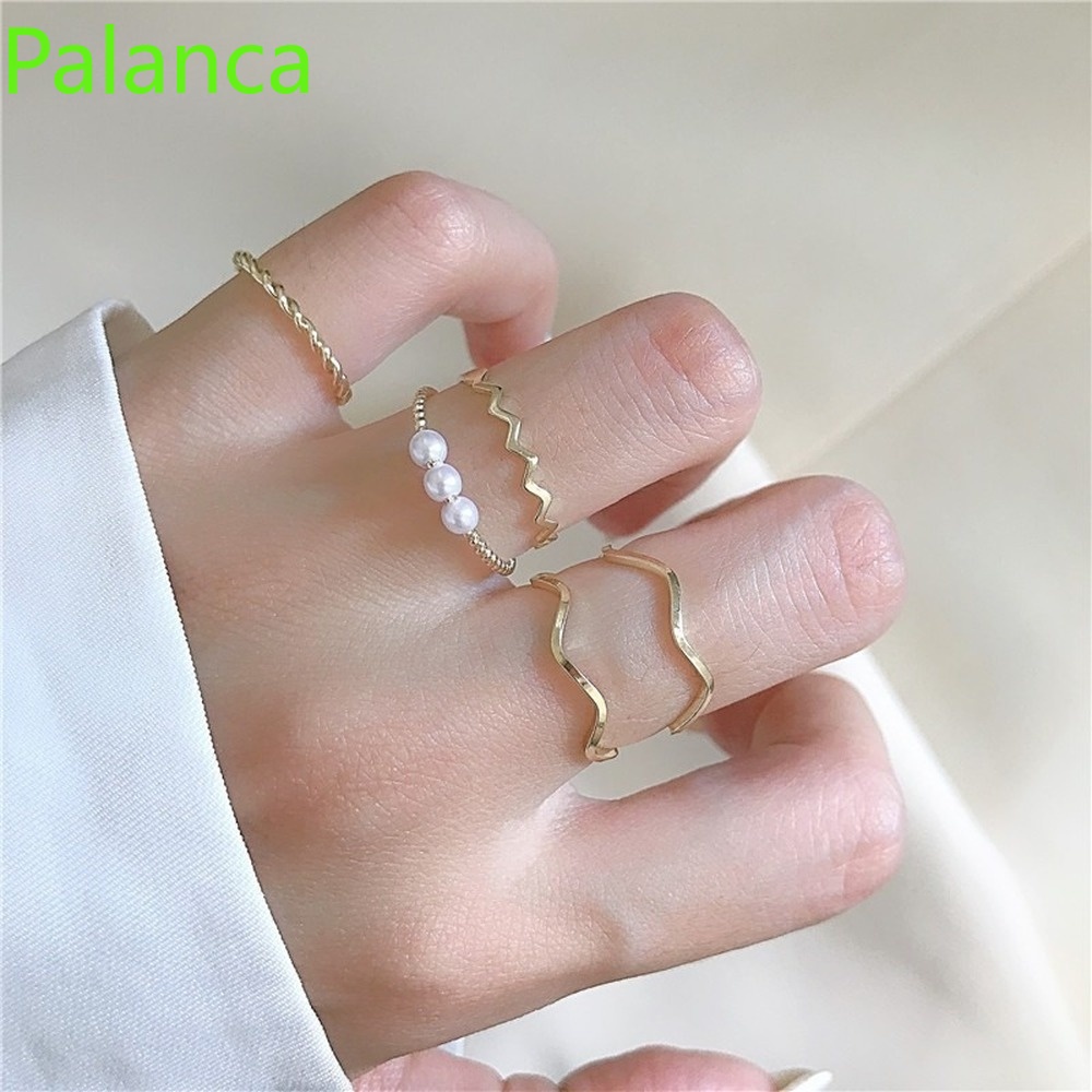5pcs/Set Metal Ring Set Simple Luxury Pearl Geometry Adjustable Finger ...