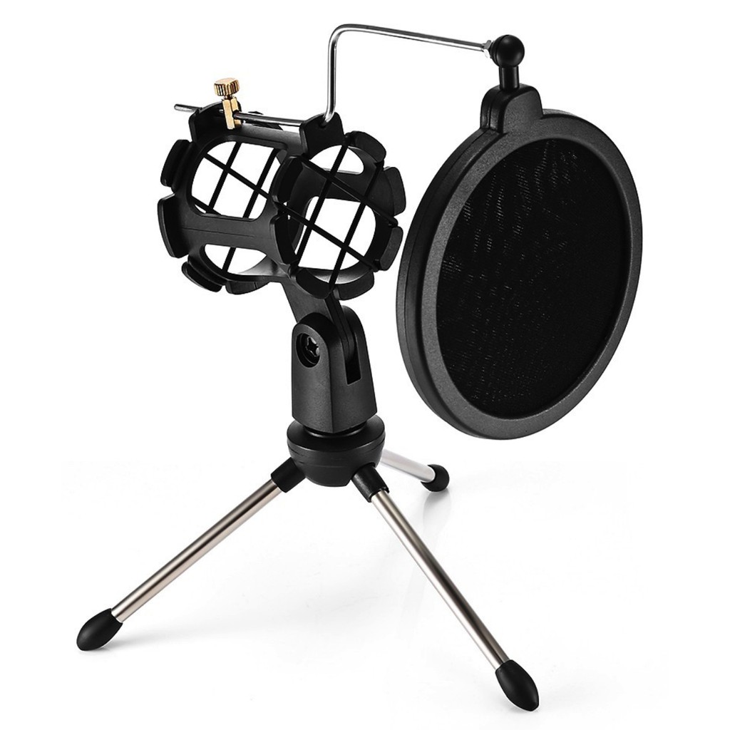 Desktop Microphone Tripod Stand with Pop Shield Dual Filter | Shopee ...