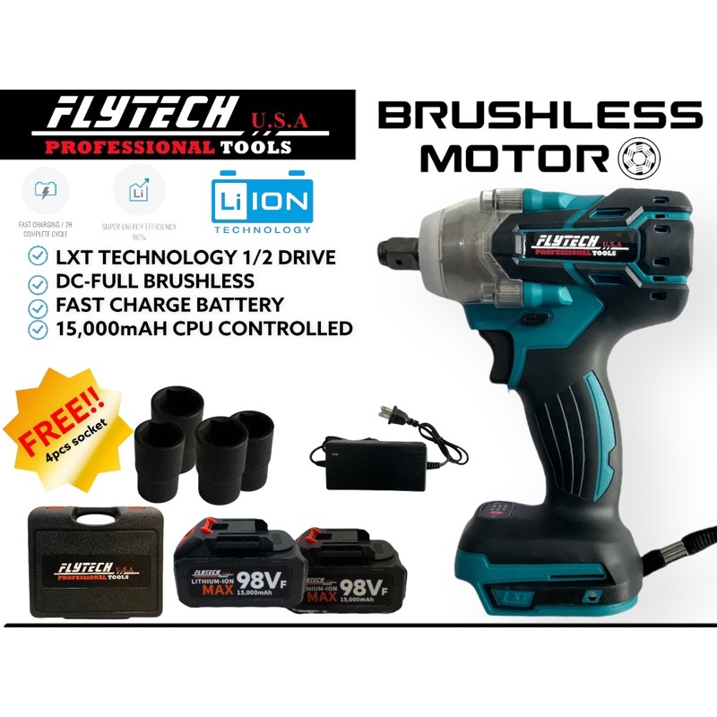 Brushless 298v 1/2Drive Cordless impact Wrench Flytech Professional 2 ...