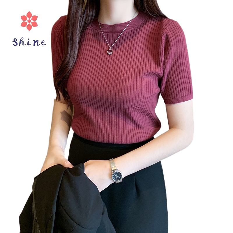 Knitted Tops Korean Style Women's Fashion Casual Round Neck Short ...