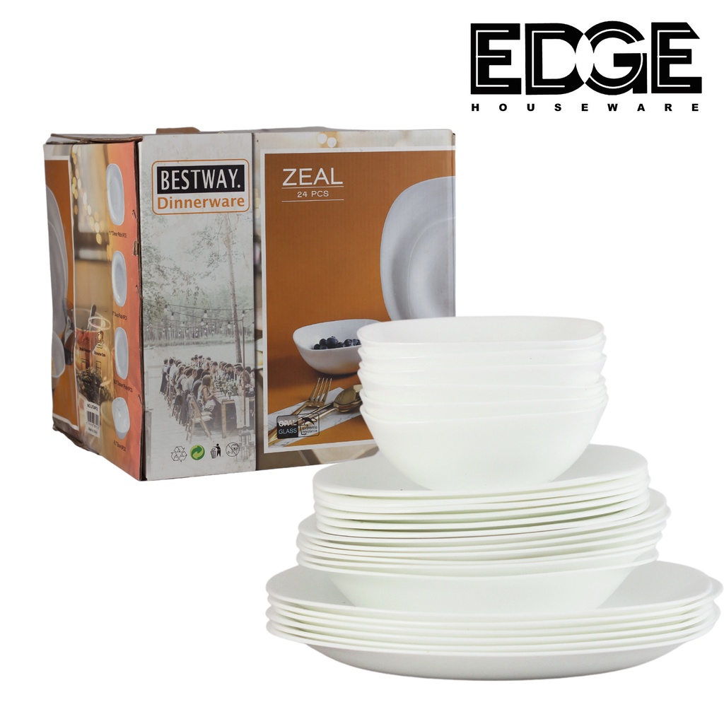 BESTWAY Ceramic Dinnerware - Full Plate Set of 24 Plain Edge White ...