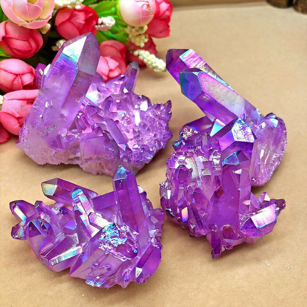 1Pcs Natural Aura Angel Crystal Cluster Purple Titanium Quartz Healing ...