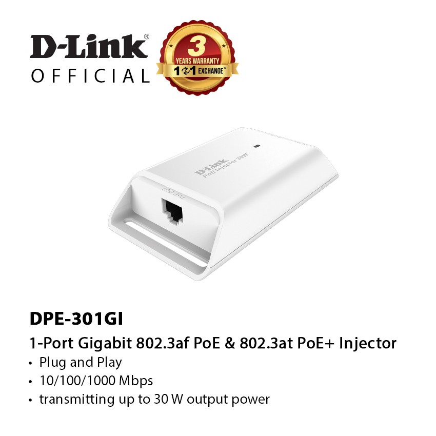 D-Link DPE-301GI 1-port Gigabit 802.3af PoE & 802.3at PoE+ Injector ...