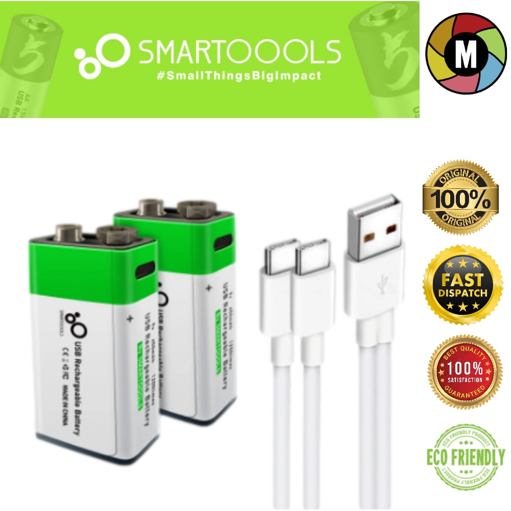 SMARTOOOLS 9V 450mah USB Type C Li-ion Rechargeable Battery (pack of 2 ...