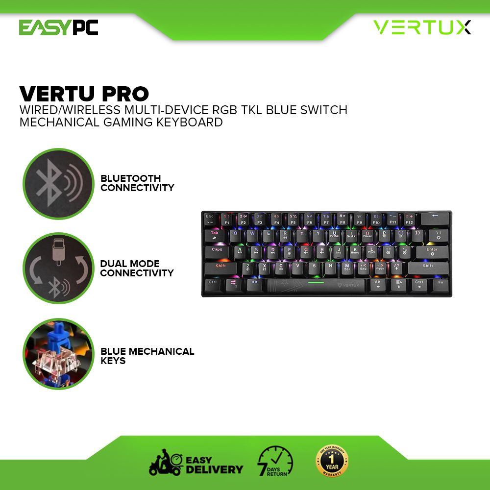 Vertux Vertu Pro Wired/Wireless Multi-device RGB TKL Mechanical Gaming ...