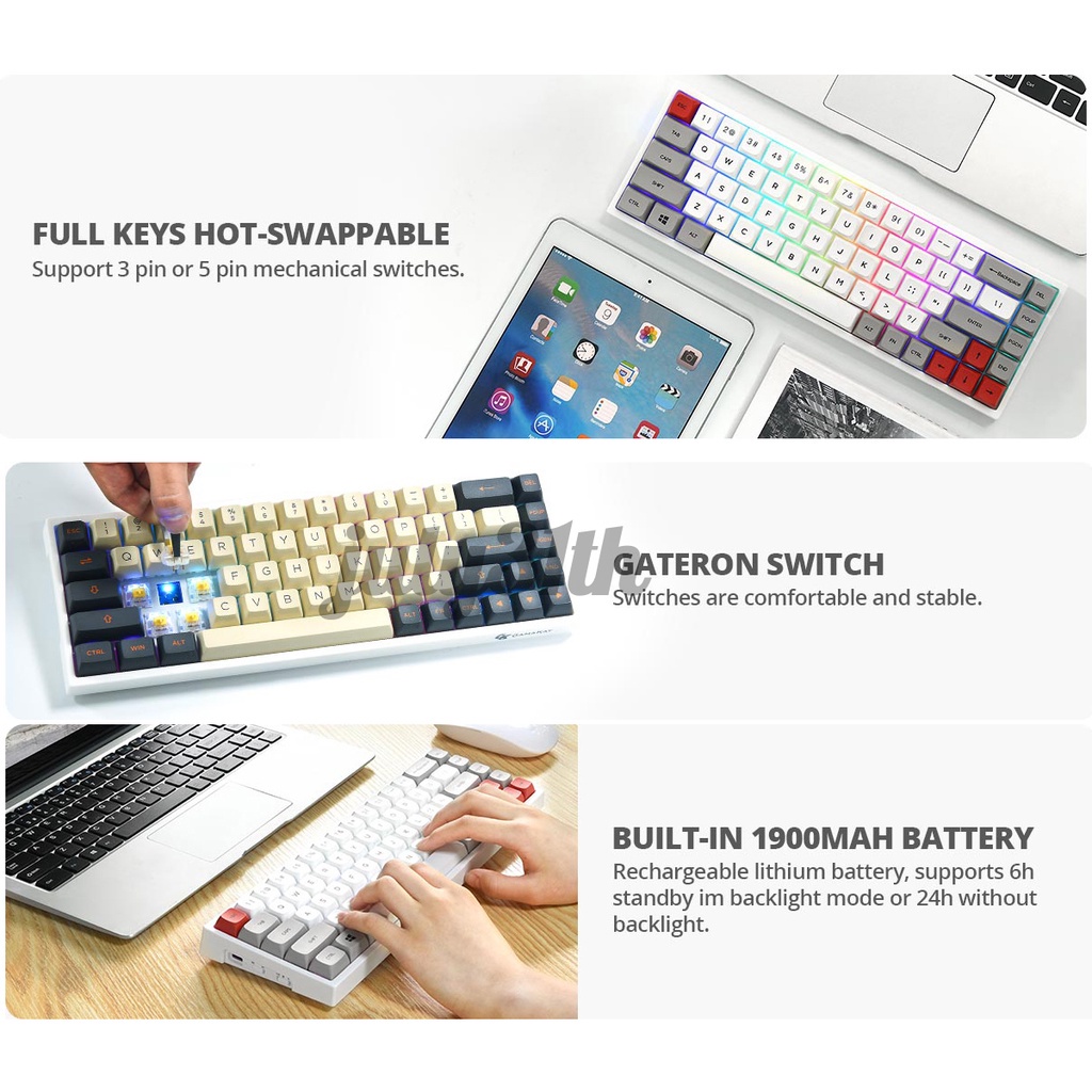 Gamakay TK68 Mechanical Keyboard 68 Keys RGB Backlight Triple Mode ...