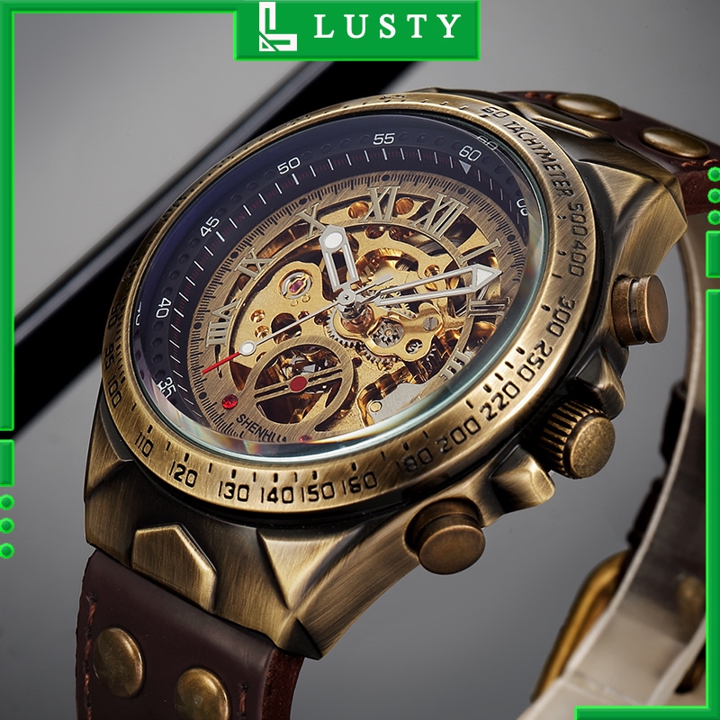 Shenhua Automatic Watch for Men - Gold Skeleton Luxury Waterproof Retro ...