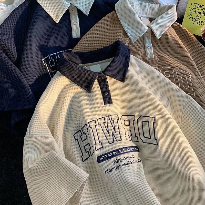 【m 2xl】korean Style Waffle Vintage Print Color Blocking Polo Shirt