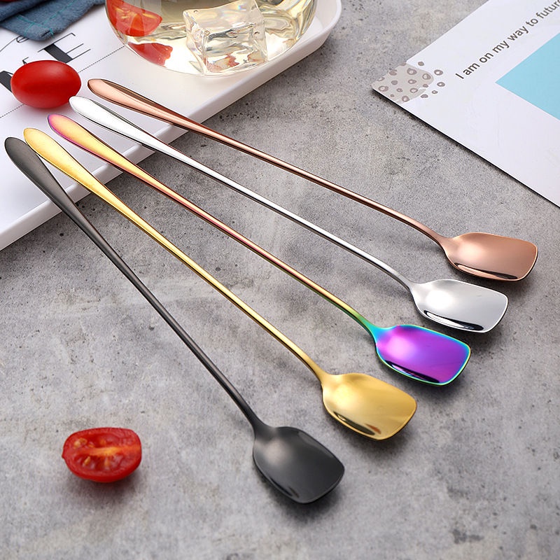 1 Piece Spoon Square Head Stainless Steel Long Handle Teaspoon Coffee ...