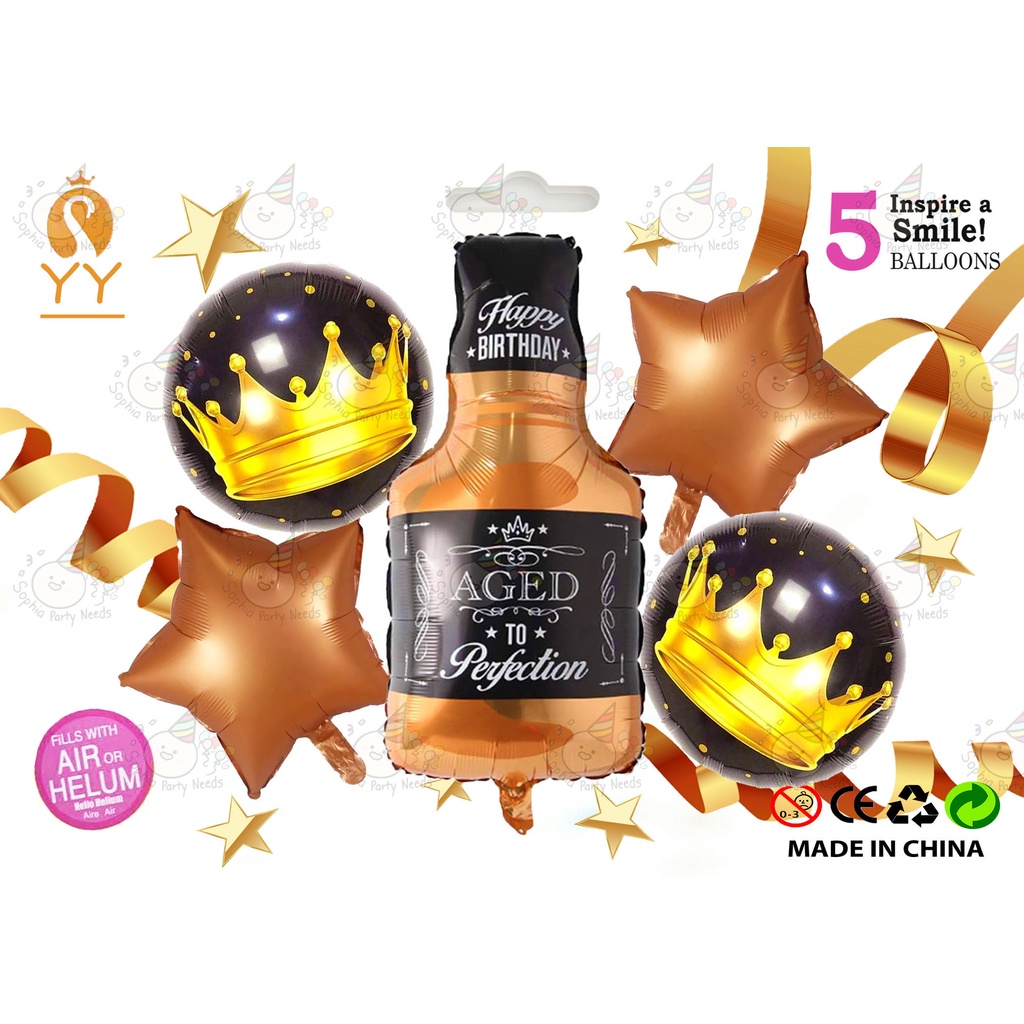 5 in 1 Aged to Perfection Whiskey Foil Balloon Set Happy Birthday ...