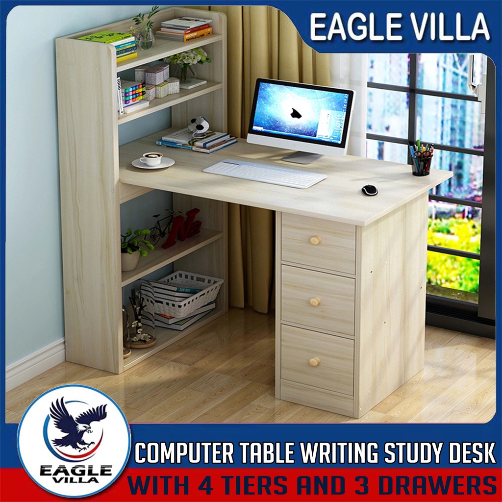 Eagle Villa Computer Table Writing Study Desk with 4 Tier Bookshelves ...