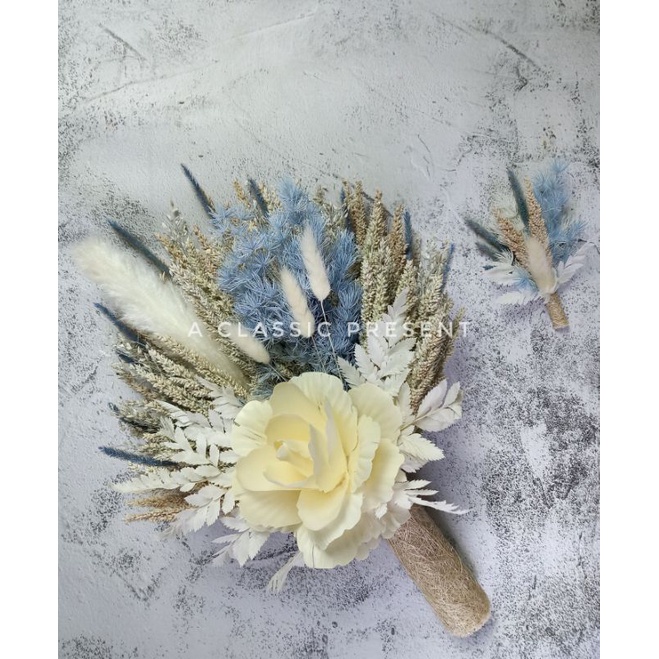 Dusty Blue Theme Wedding dried flower bouquet with free Boutonniere ...