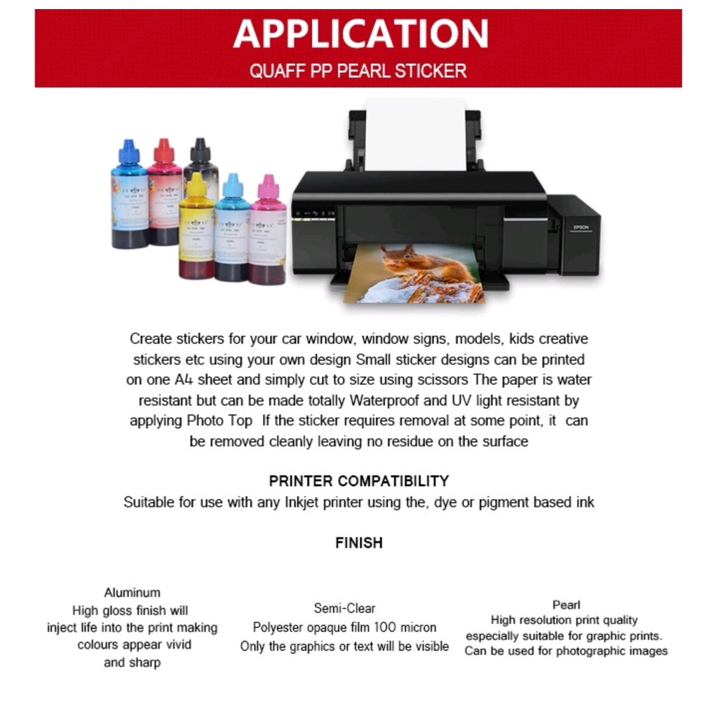 QUAFF PET Printable Label Sticker Waterproof 180GSM A4 Size ( PP Pearl ...